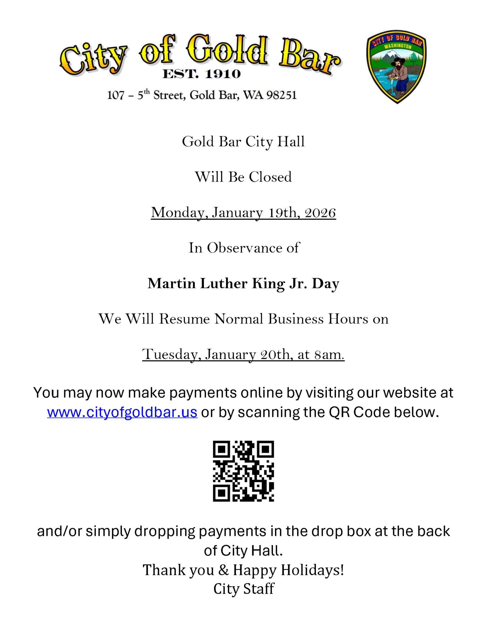 City Hall Closed On Monday, January 19th, 2026, in Observation of ...